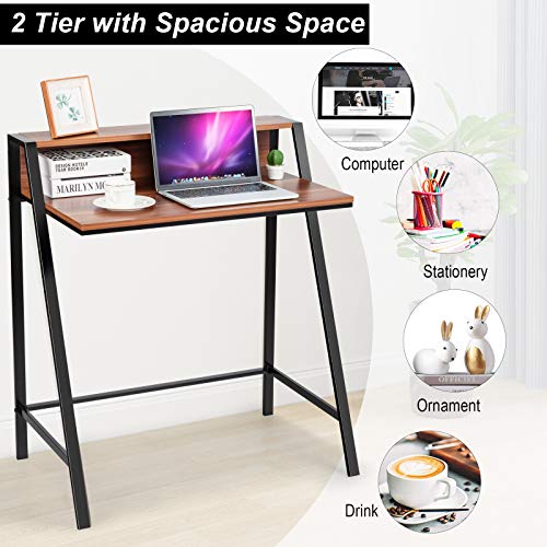 Tangkula Small Computer Desk, Compact Home Office Desk with Sturdy Frame, 2 Tier Study Writing Table for Small Place Apartment Office, Desk for Bedroom, Kid’s Desk