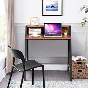 Tangkula Small Computer Desk, Compact Home Office Desk with Sturdy Frame, 2 Tier Study Writing Table for Small Place Apartment Office, Desk for Bedroom, Kid’s Desk