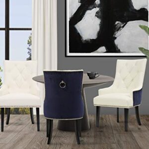 Iconic Home Cadence Dining Side Chair Button Tufted PU Leather Velvet Polished Brass Nailheads Espresso Finished Wooden Legs, Navy – White, Modern Transitional