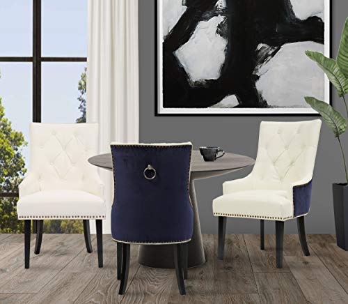 Iconic Home Cadence Dining Side Chair Button Tufted PU Leather Velvet Polished Brass Nailheads Espresso Finished Wooden Legs, Navy – White, Modern Transitional