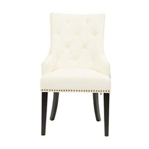 Iconic Home Cadence Dining Side Chair Button Tufted PU Leather Velvet Polished Brass Nailheads Espresso Finished Wooden Legs, Navy – White, Modern Transitional