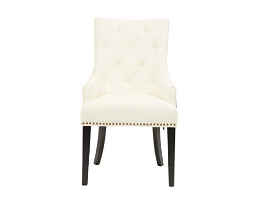 Iconic Home Cadence Dining Side Chair Button Tufted PU Leather Velvet Polished Brass Nailheads Espresso Finished Wooden Legs, Navy – White, Modern Transitional