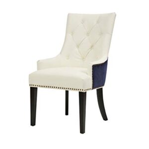 Iconic Home Cadence Dining Side Chair Button Tufted PU Leather Velvet Polished Brass Nailheads Espresso Finished Wooden Legs, Navy – White, Modern Transitional