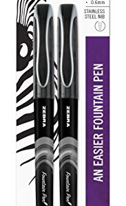 Zebra Pen Fountain Pen Set, Fine Point 0.6mm, Black Non-Toxic Ink, Stainless Steel Nib, Disposable, 2-Pack (48312)