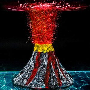 aquarium decorations, air stone bubbler volcano shape ornament kit set with red led spotlight for betta aquarium fish tank