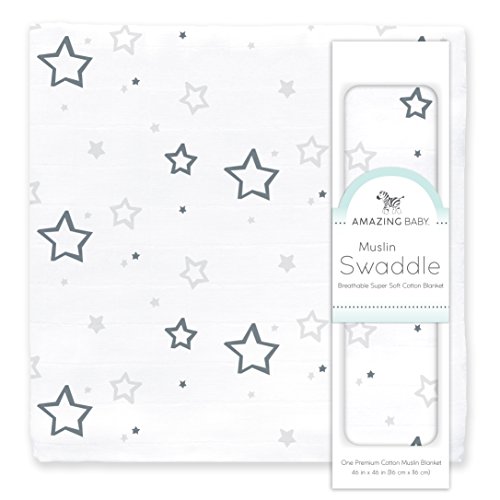 Amazing Baby Muslin Swaddle Blanket, Premium Cotton, Stars, Sterling