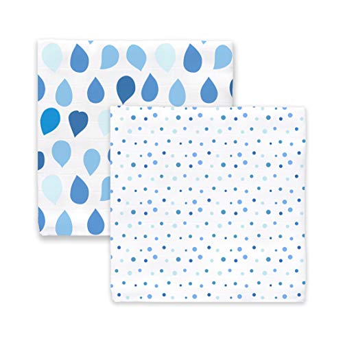 Amazing Baby Silky Swaddle Muslin Blankets, Set of 2, Bamboo Viscose, Drops and Dots, Blue