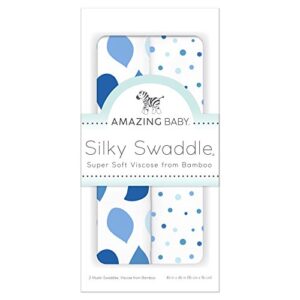 Amazing Baby Silky Swaddle Muslin Blankets, Set of 2, Bamboo Viscose, Drops and Dots, Blue