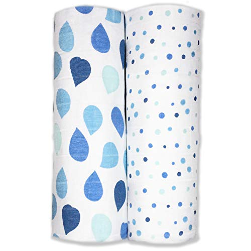 Amazing Baby Silky Swaddle Muslin Blankets, Set of 2, Bamboo Viscose, Drops and Dots, Blue