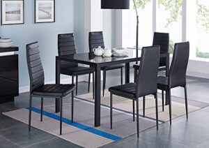 ids online 7 pieces modern glass dining table set faxu leather with 6 chairs black.