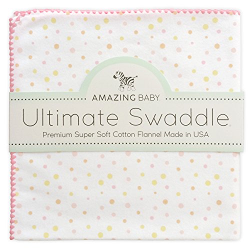 Amazing Baby Large Receiving Blanket, Ultimate Swaddle for Baby Boys, Girls, Softest US Cotton Flannel, Best Shower Gift, MADE in USA, Playful Dots Multi Pink, Mom’s Choice Winner, 42x42"