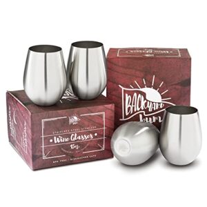 backyard bum premium solid stainless steel wine glasses | set of 4 large 18 ounce | stemless wine glasses| perfect for entertaining outdoors