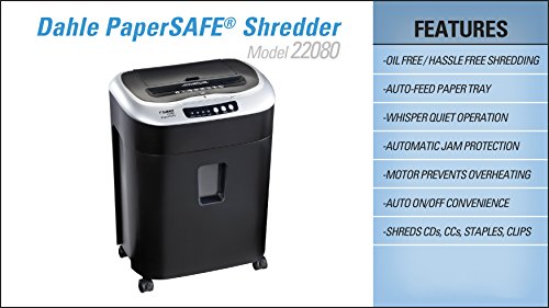 Dahle PaperSAFE 22080 Auto-Feed Paper Shredder, Oil Free, 80 Sheet Tray, Security Level P-4, Shreds CDs, Credit Cards & Paper Clips