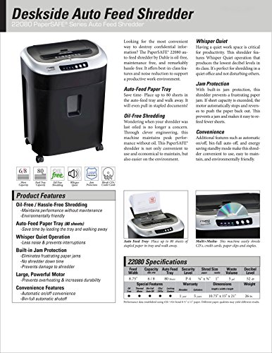 Dahle PaperSAFE 22080 Auto-Feed Paper Shredder, Oil Free, 80 Sheet Tray, Security Level P-4, Shreds CDs, Credit Cards & Paper Clips