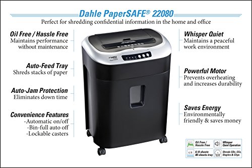 Dahle PaperSAFE 22080 Auto-Feed Paper Shredder, Oil Free, 80 Sheet Tray, Security Level P-4, Shreds CDs, Credit Cards & Paper Clips