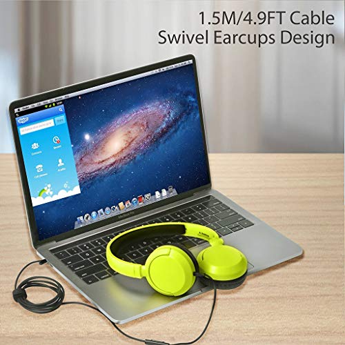 Avantree Superb Sound Wired On Ear Headphones with Microphone, 1.5M / 4.9FT Long Cord with Mic for Adults, Students, Kids, Comfortable Headset for PC Computer, Laptop, Tablet, Phone - 026 Yellow Green