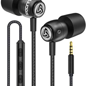 LUDOS Clamor Wired Earbuds in Ear, Noise Isolating Headphones with Microphone, 3.5mm Jack Plug, Mic and Volume Control, Memory Foam, Deep Bass, Tangle-Free Cord - Black