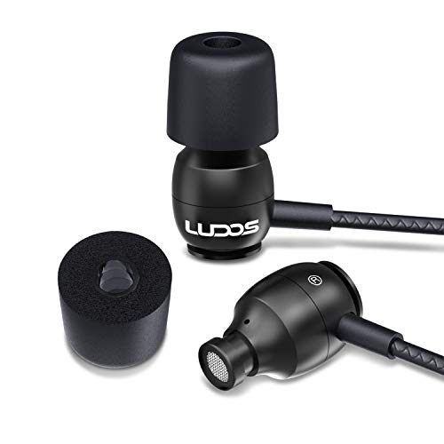 LUDOS Clamor Wired Earbuds in Ear, Noise Isolating Headphones with Microphone, 3.5mm Jack Plug, Mic and Volume Control, Memory Foam, Deep Bass, Tangle-Free Cord - Black