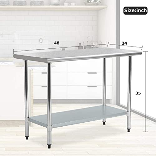 Kitchen Work Table Stainless Steel Metal Commercial NSF Scratch Resistent And Antirust Work Table With Adjustable Table Toot,24 X 48 Inches