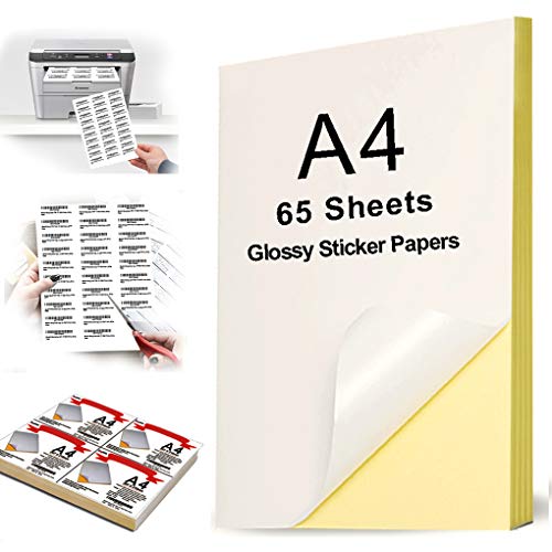 iMustech 65 Sheets Glossy Sticker Paper, A4 Self Adhesive Label Paper for Inkjet and Laser Printers