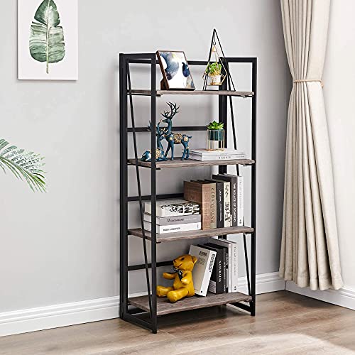 Coavas Folding Bookshelf Home Office Industrial Bookcase No Assembly Storage Shelves Vintage 4 Tiers Flower Stand Rustic Metal Book Rack Organizer, 23.6 X 11.8 X 49.4 Inches