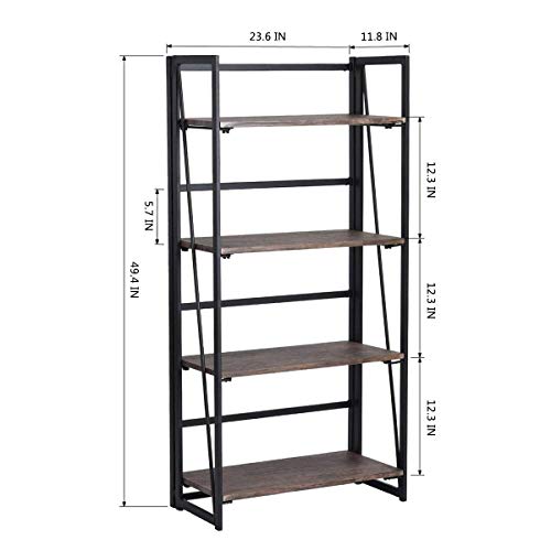 Coavas Folding Bookshelf Home Office Industrial Bookcase No Assembly Storage Shelves Vintage 4 Tiers Flower Stand Rustic Metal Book Rack Organizer, 23.6 X 11.8 X 49.4 Inches