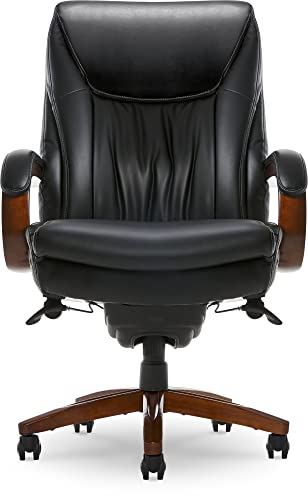 La-Z-Boy Edmonton Big and Tall Executive Office Chair with Comfort Core Cushions, Solid Wood Arms and Base, Waterfall Seat Edge, Bonded Leather, Big & Tall, Black