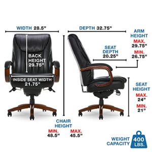 La-Z-Boy Edmonton Big and Tall Executive Office Chair with Comfort Core Cushions, Solid Wood Arms and Base, Waterfall Seat Edge, Bonded Leather, Big & Tall, Black