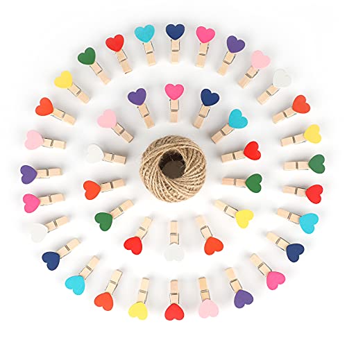 jijAcraft 100Pcs Mini Wooden Heart Clothespins, Multicolor Small Clothespins with Heart, 3.5cm Heart Photo Clips, Tiny Clothes Pins with String for Photos Display,DIY Craft,Wedding&Baby Shower Decor