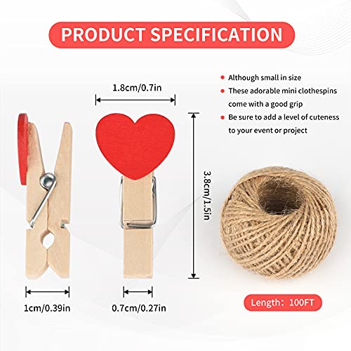 jijAcraft 100Pcs Mini Wooden Heart Clothespins, Multicolor Small Clothespins with Heart, 3.5cm Heart Photo Clips, Tiny Clothes Pins with String for Photos Display,DIY Craft,Wedding&Baby Shower Decor