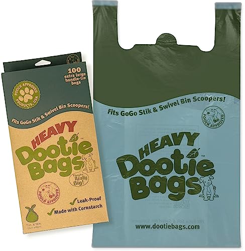 HEAVY Dootie Bags® VERY LARGE Dog and Cat Waste Poop Bags. 100 Count Strong Multi-Use, Leakproof with EZ Tie Handles and Gussets. Made with Corn Starch. Fits GoGo Stik and Swivel Bin Pooper Scoopers.