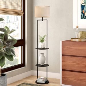 Catalina 19651-001 Mid-Century Modern Round Etagere Floor Lamp with Shelves and Linen Shade, 60", Black Classic