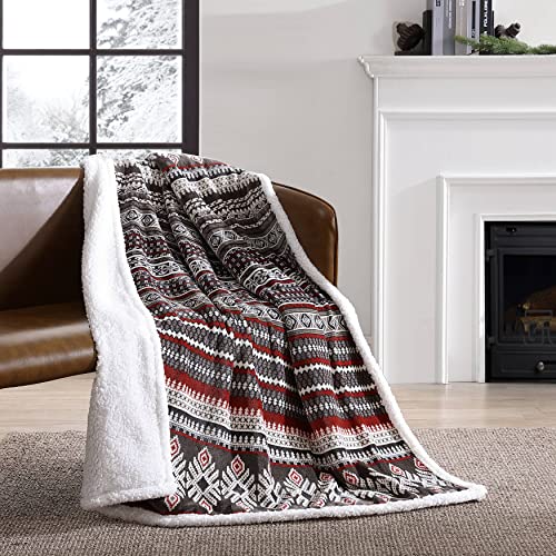 Eddie Bauer Ultra-Plush Collection Throw Blanket-Reversible Sherpa Fleece Cover, Soft & Cozy, Perfect for Bed or Couch, Sycamore Red/Charcoal/White