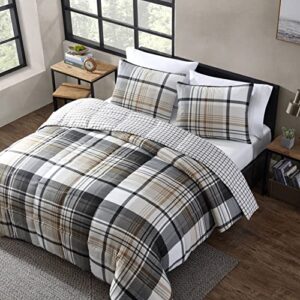 eddie bauer - queen comforter set, plaid reversible bedding, stylish & warm home decor (normandy grey, queen),grey/white/beige