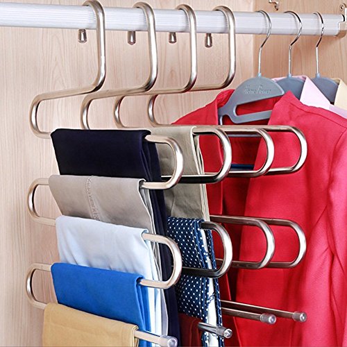 Pants Hangers DOIOWN S-Shape Stainless Steel Clothes Hangers Space Saving Hangers Closet Organizer for Pants Jeans Scarf(5 Layers,10Pcs)