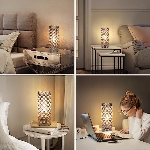 Seaside village Crystal Table Lamp Touch Control Dimmable Accent Desk Lamp Bedside Modern Table Light with Silver Lamp Shade Night Light Fixture for Living Room Bedroom Kitchen