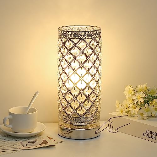 Seaside village Crystal Table Lamp Touch Control Dimmable Accent Desk Lamp Bedside Modern Table Light with Silver Lamp Shade Night Light Fixture for Living Room Bedroom Kitchen