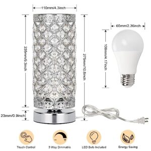 Seaside village Crystal Table Lamp Touch Control Dimmable Accent Desk Lamp Bedside Modern Table Light with Silver Lamp Shade Night Light Fixture for Living Room Bedroom Kitchen