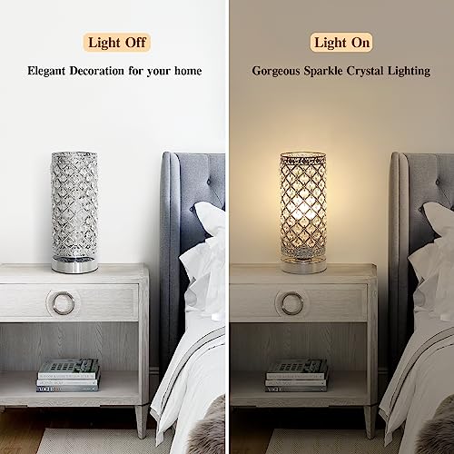 Seaside village Crystal Table Lamp Touch Control Dimmable Accent Desk Lamp Bedside Modern Table Light with Silver Lamp Shade Night Light Fixture for Living Room Bedroom Kitchen