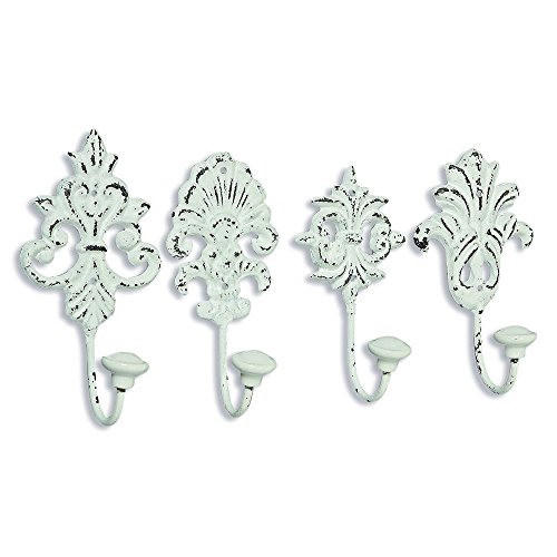 WHW Whole House Worlds Chateaux Fleur De Lis Wall Hooks, Set of 4, Shabby Distressed Finish, French Country Style,Rustic White, Cast Iron, Vintage Inspired, Porcelain Caps, Each 6 3/4