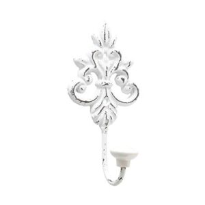 WHW Whole House Worlds Chateaux Fleur De Lis Wall Hooks, Set of 4, Shabby Distressed Finish, French Country Style,Rustic White, Cast Iron, Vintage Inspired, Porcelain Caps, Each 6 3/4