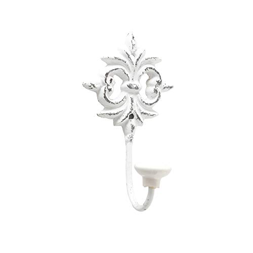 WHW Whole House Worlds Chateaux Fleur De Lis Wall Hooks, Set of 4, Shabby Distressed Finish, French Country Style,Rustic White, Cast Iron, Vintage Inspired, Porcelain Caps, Each 6 3/4