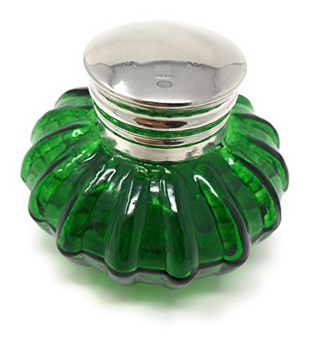 Madison Bay Company Round Swirled Green Glass Inkwell, 3 Inches Diameter X 2.25 Inches Tall