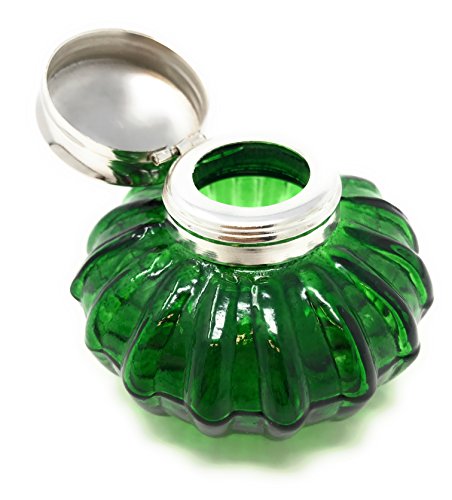 Madison Bay Company Round Swirled Green Glass Inkwell, 3 Inches Diameter X 2.25 Inches Tall