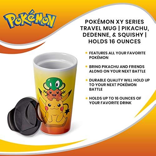 Pokémon XY Series Travel Mug | Pikachu, Dedenne, & Squishy | Perfect For Fans Of The Pokémon Series | Holds 16 Ounces