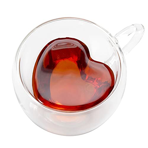 CNDota Heart Shaped Double Walled Insulated Glass Coffee Mugs or Tea Cups, Double Wall Glass 8 oz - Clear, Unique & Insulated with Handle