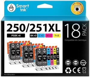 smart ink compatible ink cartridge replacement for canon pgi 250 pgi-250 xl cli 251 cli-251 (6pgbk &3bk/c/m/y 18 pack combo) for pixma mg5420 mg5422 mg5520 mg5522 mg5620 mg6620 ip7220 ix6820 mx722