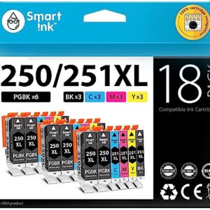 Smart Ink Compatible Ink Cartridge Replacement for Canon PGI 250 PGI-250 XL CLI 251 CLI-251 (6PGBK &3BK/C/M/Y 18 Pack Combo) for Pixma MG5420 MG5422 MG5520 MG5522 MG5620 MG6620 iP7220 iX6820 MX722