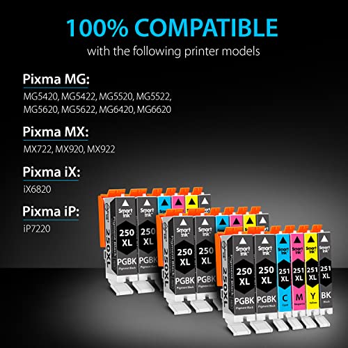 Smart Ink Compatible Ink Cartridge Replacement for Canon PGI 250 PGI-250 XL CLI 251 CLI-251 (6PGBK &3BK/C/M/Y 18 Pack Combo) for Pixma MG5420 MG5422 MG5520 MG5522 MG5620 MG6620 iP7220 iX6820 MX722