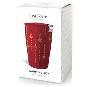 Tea Forte Warming Joy Kati Cup, Ceramic Loose Leaf Tea Infuser Cup with Basket and Lid, 12oz Double Walled Tumbler with Stainless Steel Influser and Gift Box